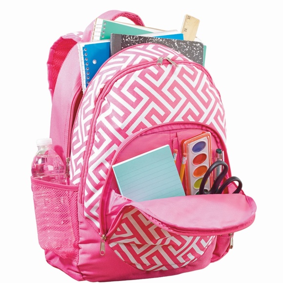 Accessories | Pink White School Backpack Bookbag Greek Key Nwt | Poshmark
